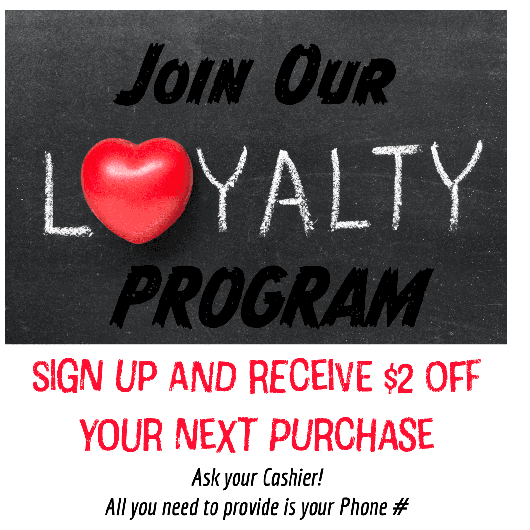 Loyalty program sign with a red heart symbolizing love, offering $2 off ...